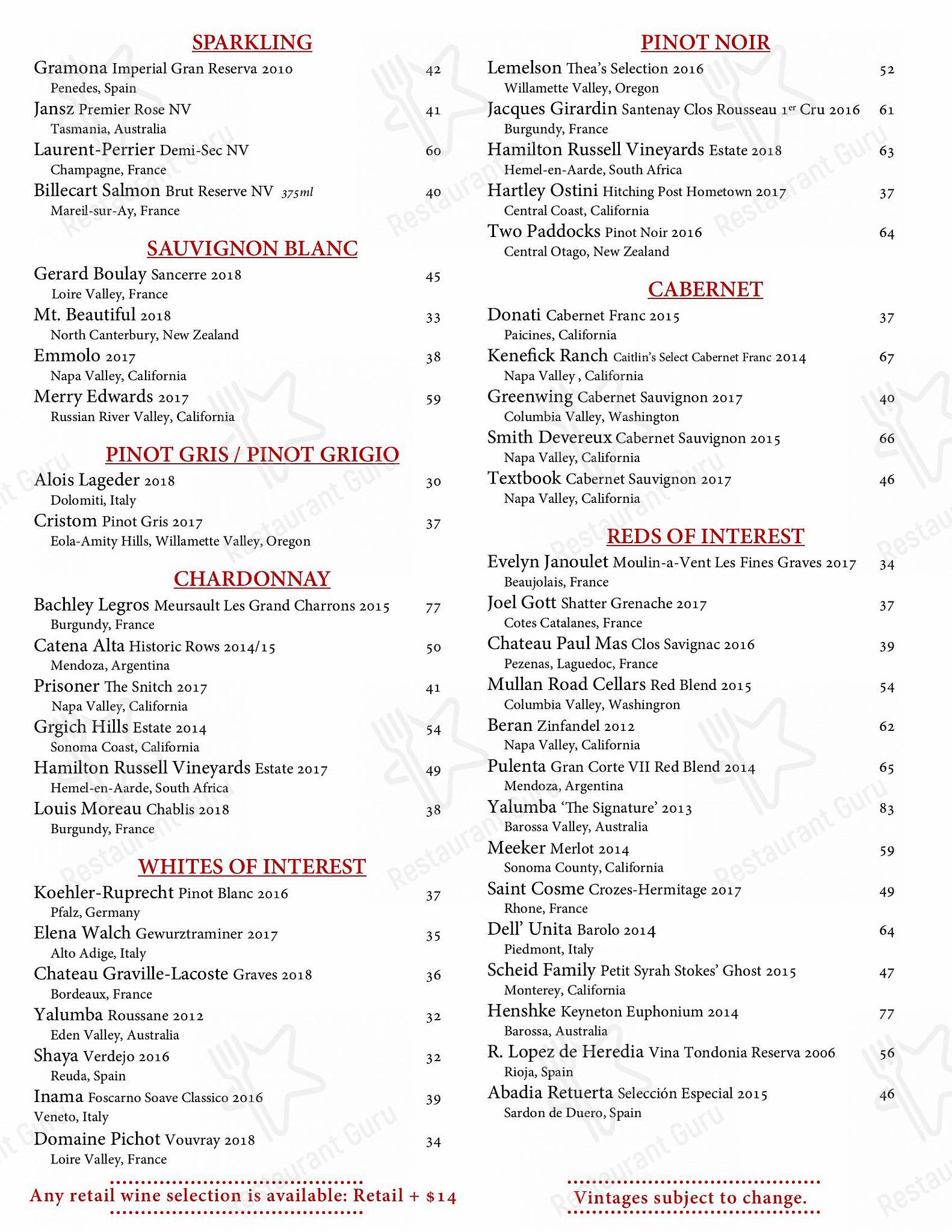 Menu at Sun Singer Restaurant, Wine & Spirits, Champaign