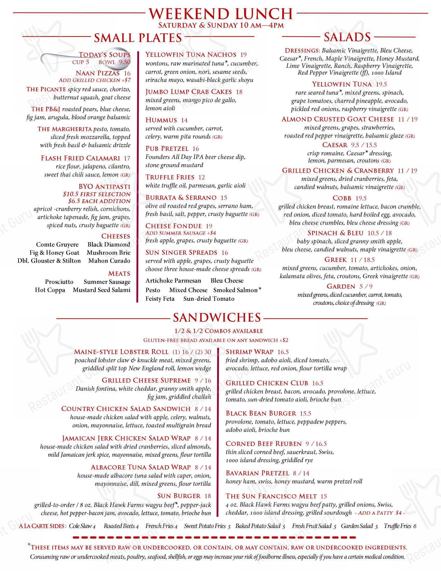 Menu at Sun Singer Restaurant, Wine & Spirits, Champaign