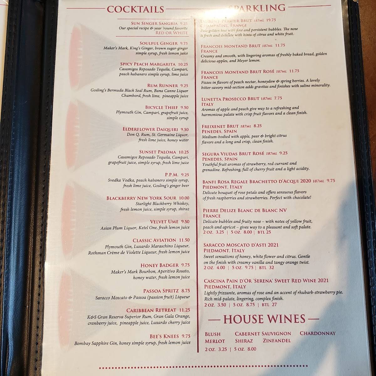Menu at Sun Singer Restaurant, Wine & Spirits, Champaign