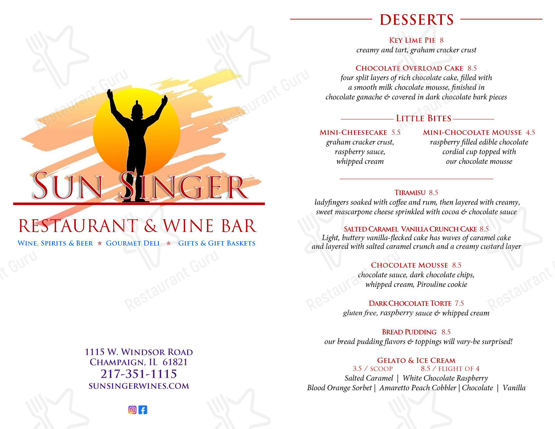 Menu at Sun Singer Restaurant, Wine & Spirits, Champaign