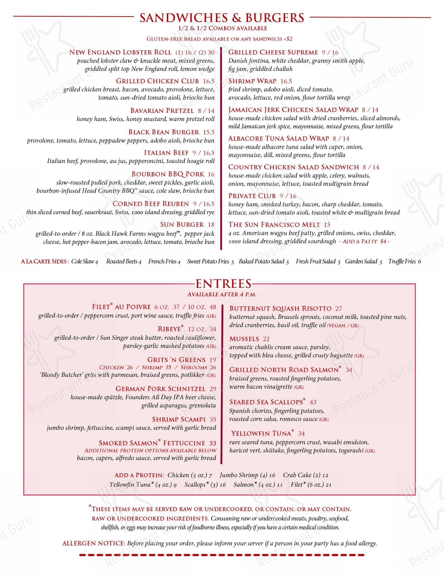 Menu at Sun Singer Restaurant, Wine & Spirits, Champaign