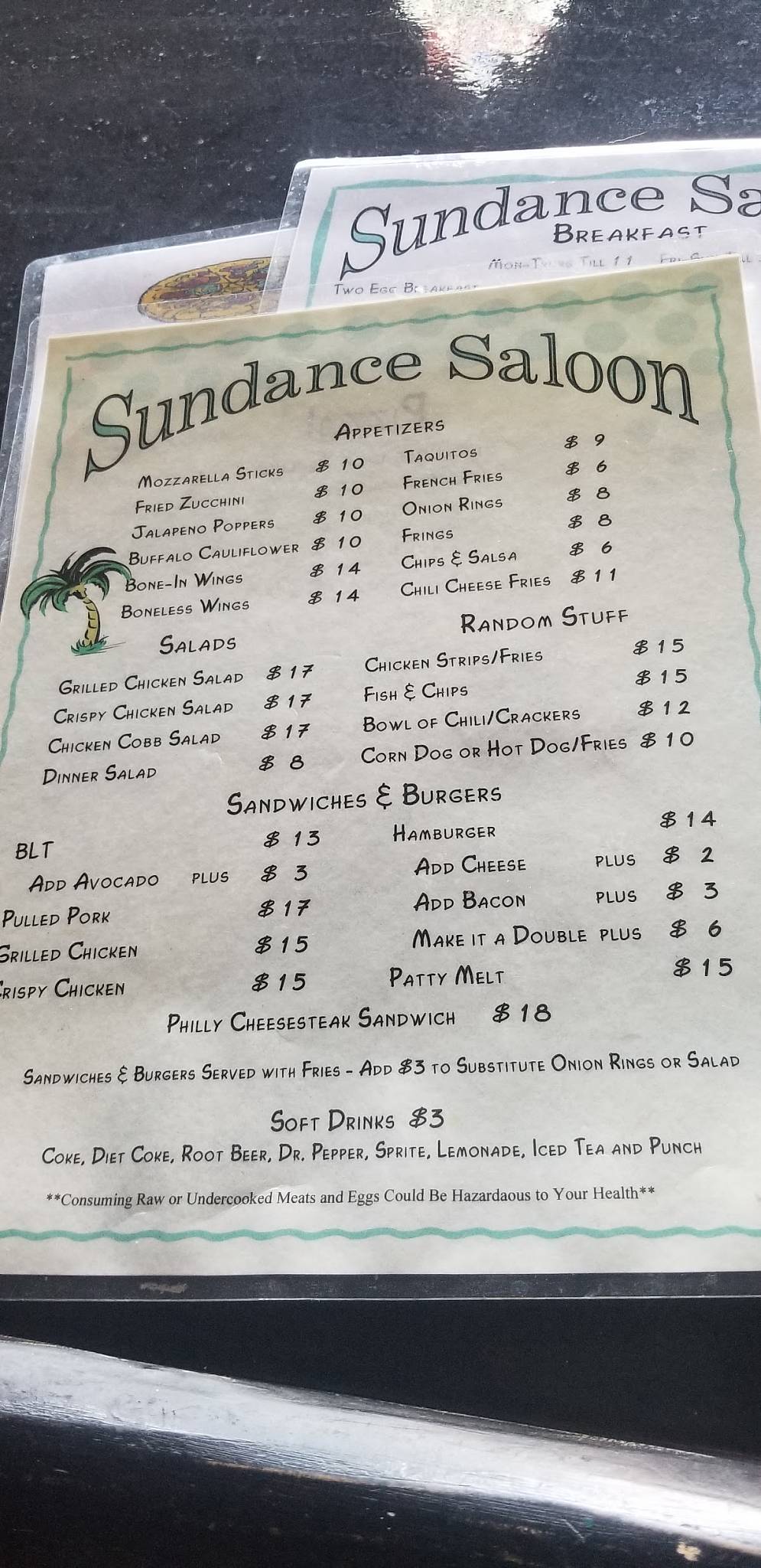 Menu at Sundance Saloon pub & bar, Parker Strip, Riverside Dr