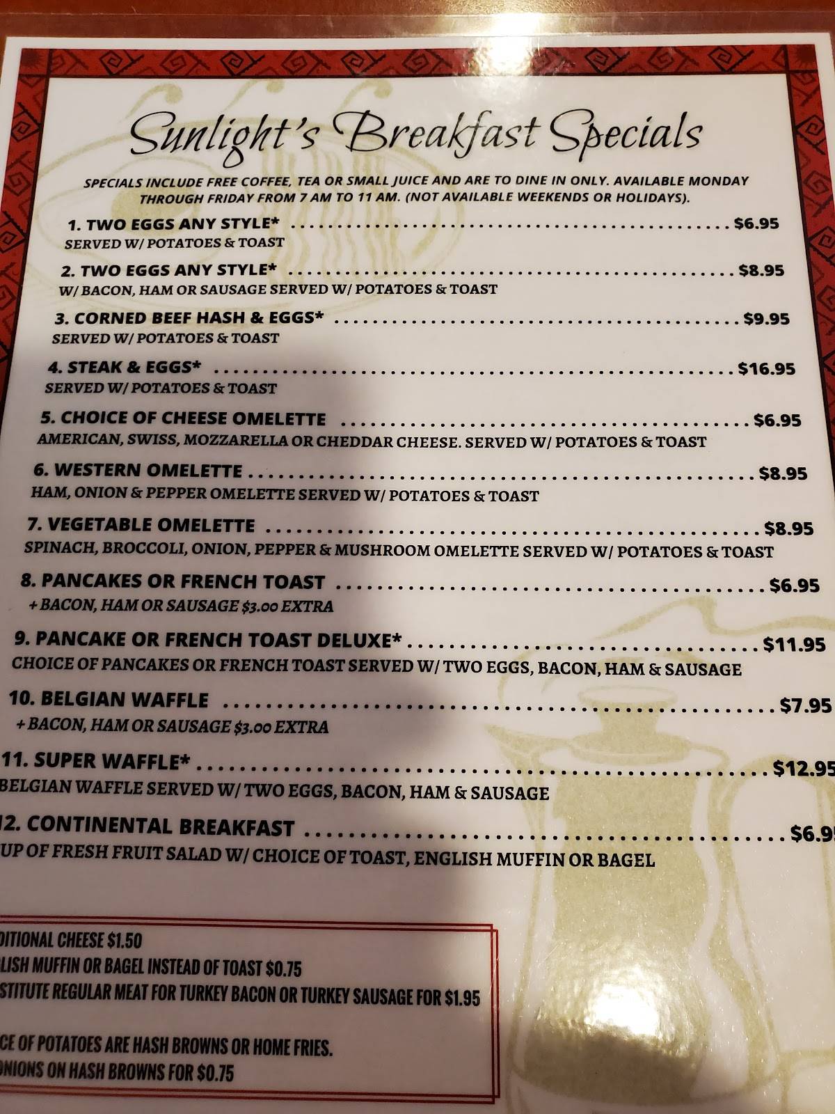 Menu at Sunlight Restaurant, South Saint Paul