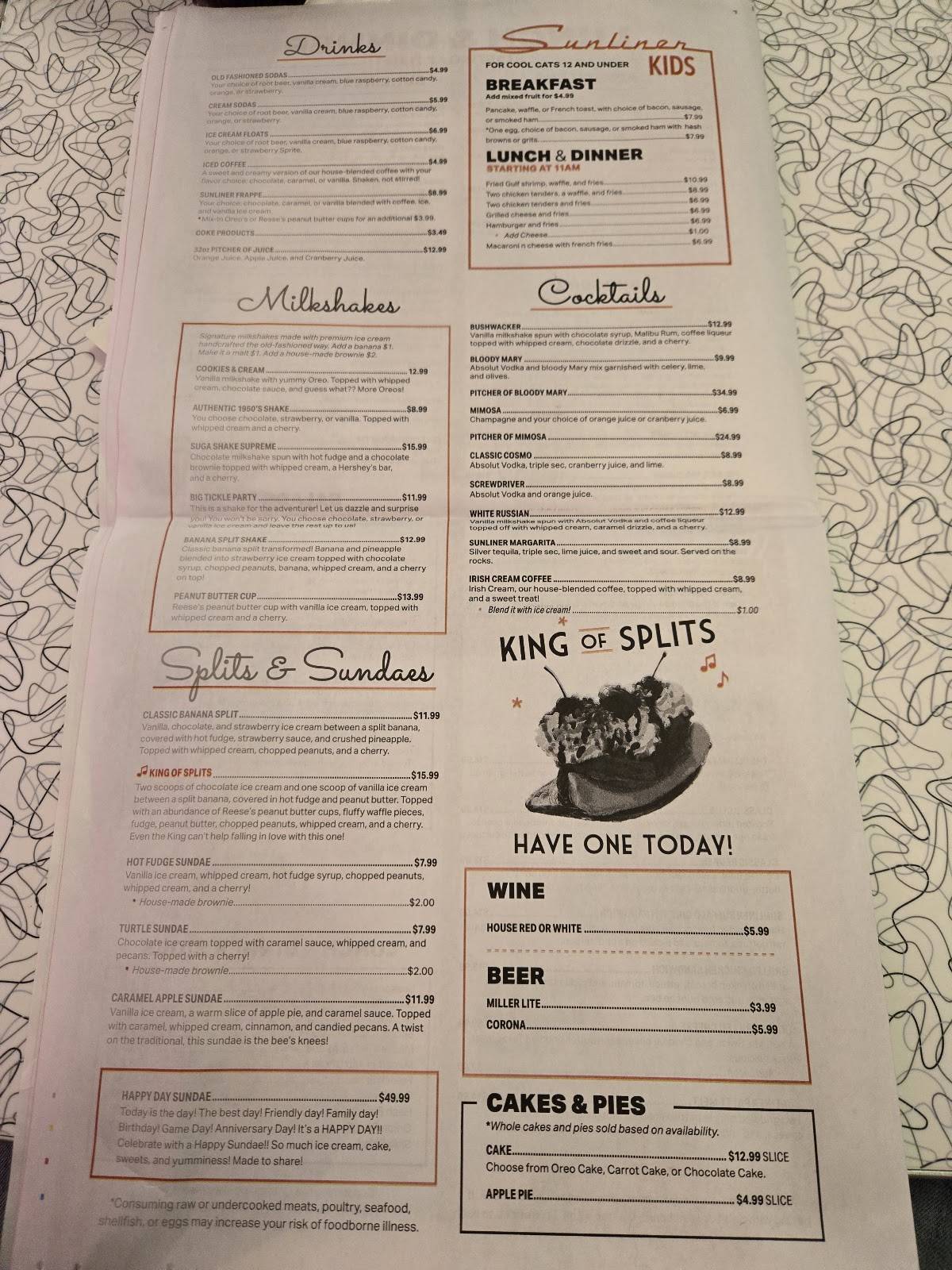 Menu at Sunliner Diner restaurant, Gulf Shores