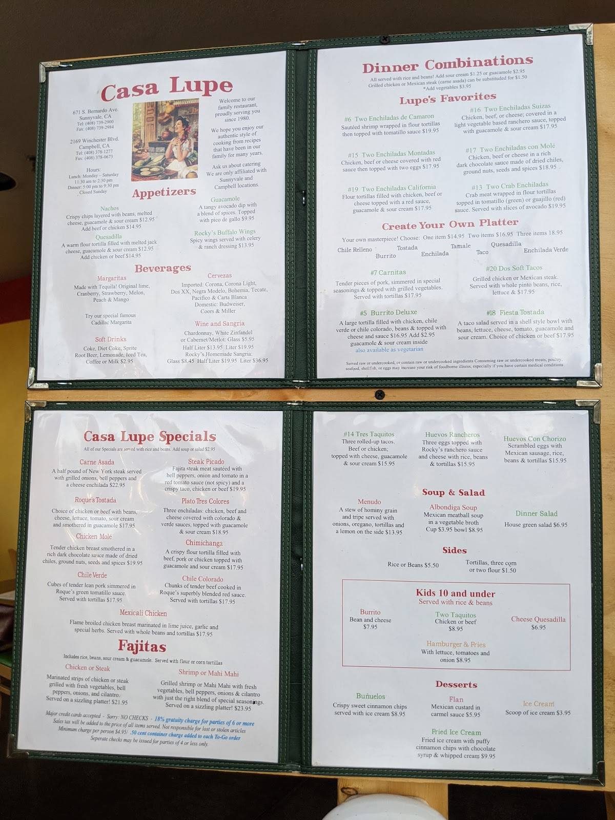 Menu at Casa Lupe restaurant, Sunnyvale