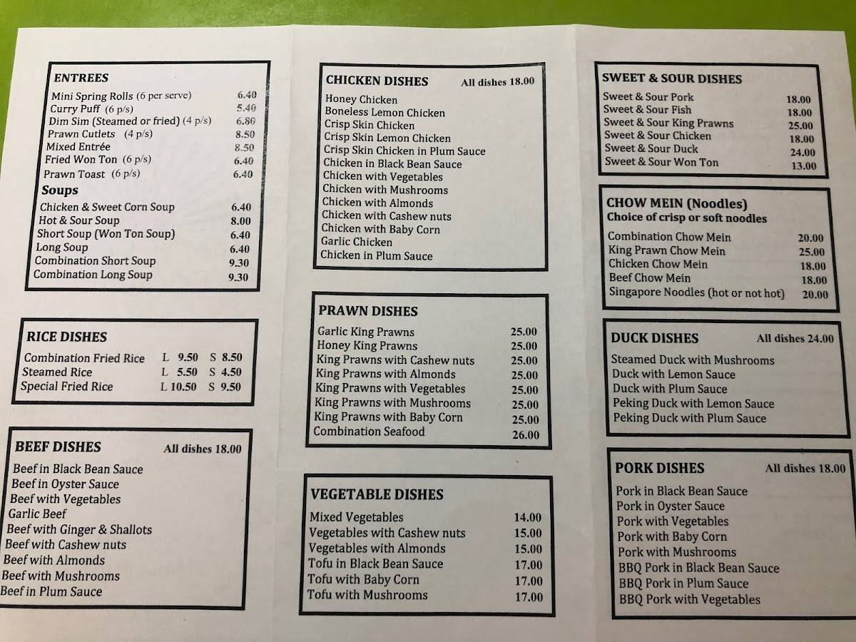 Menu at Sunrise Chinese Restaurant, Mareeba