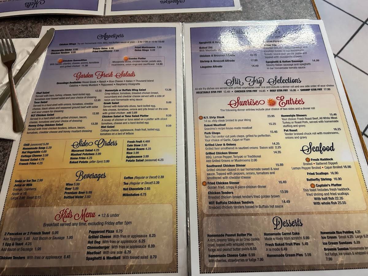 Menu at Sunrise Restaurant, Dansville