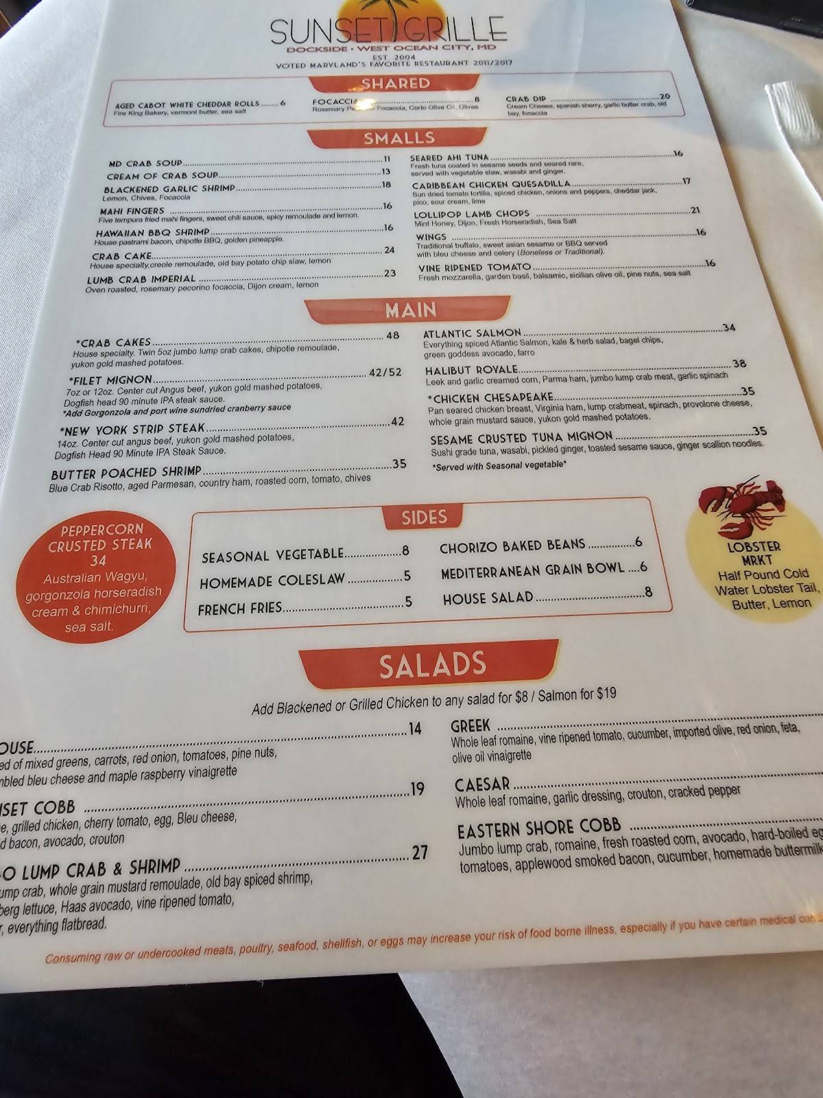 Menu at Sunset Grille pub & bar, Ocean City, Sunset Ave
