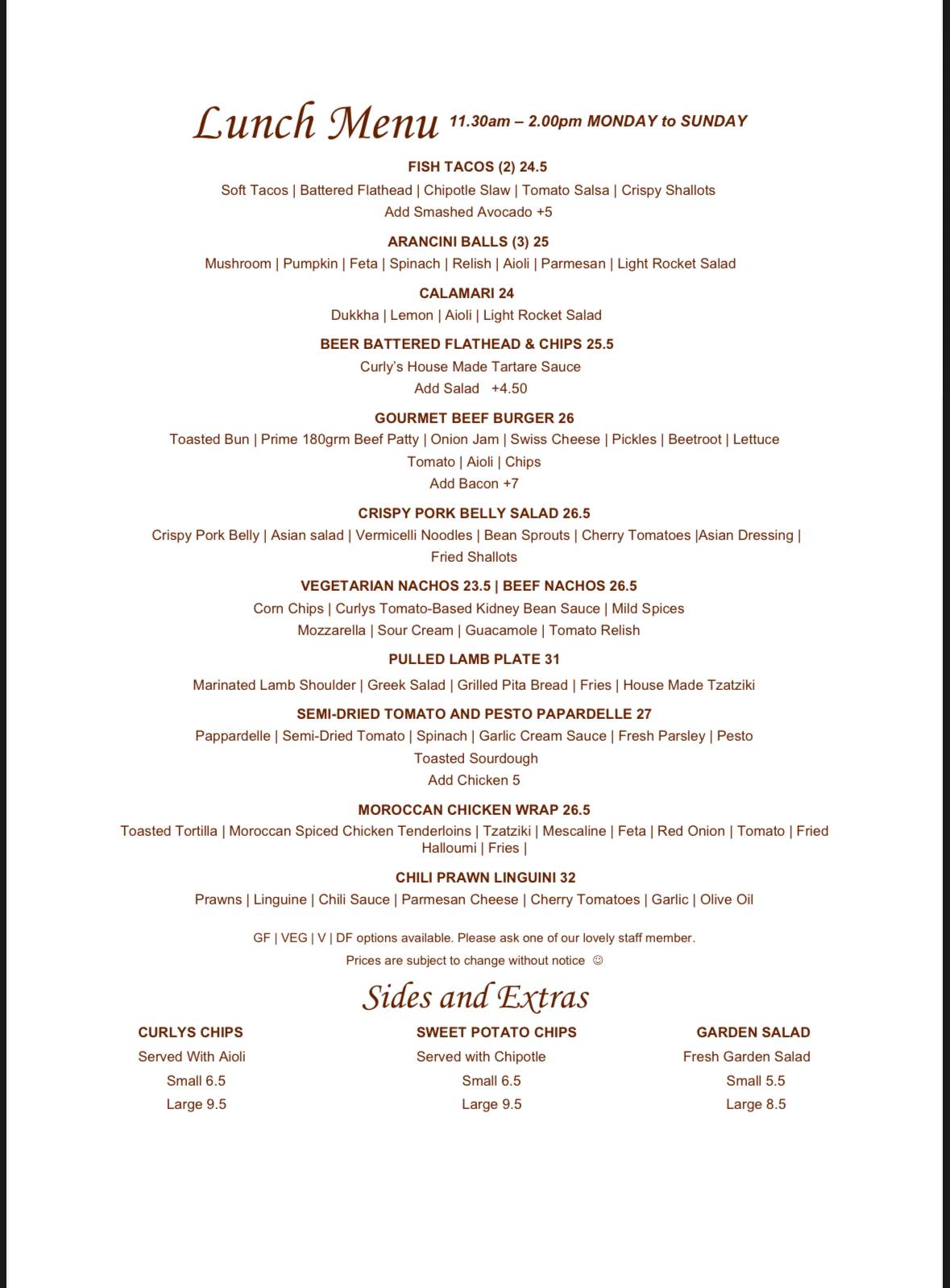 Menu at Curlys on the Boardwalk restaurant, Mount Coolum