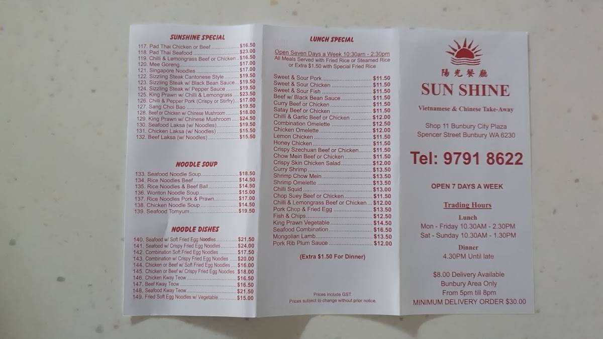 Menu at Sunshine Vietnamese & Chinese Takeaway restaurant, South ...