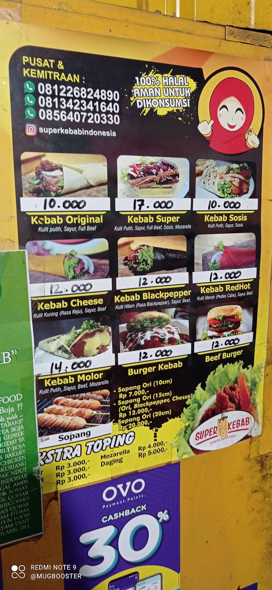 Carta de comida rápida Super Kebab Indonesia, Boja
