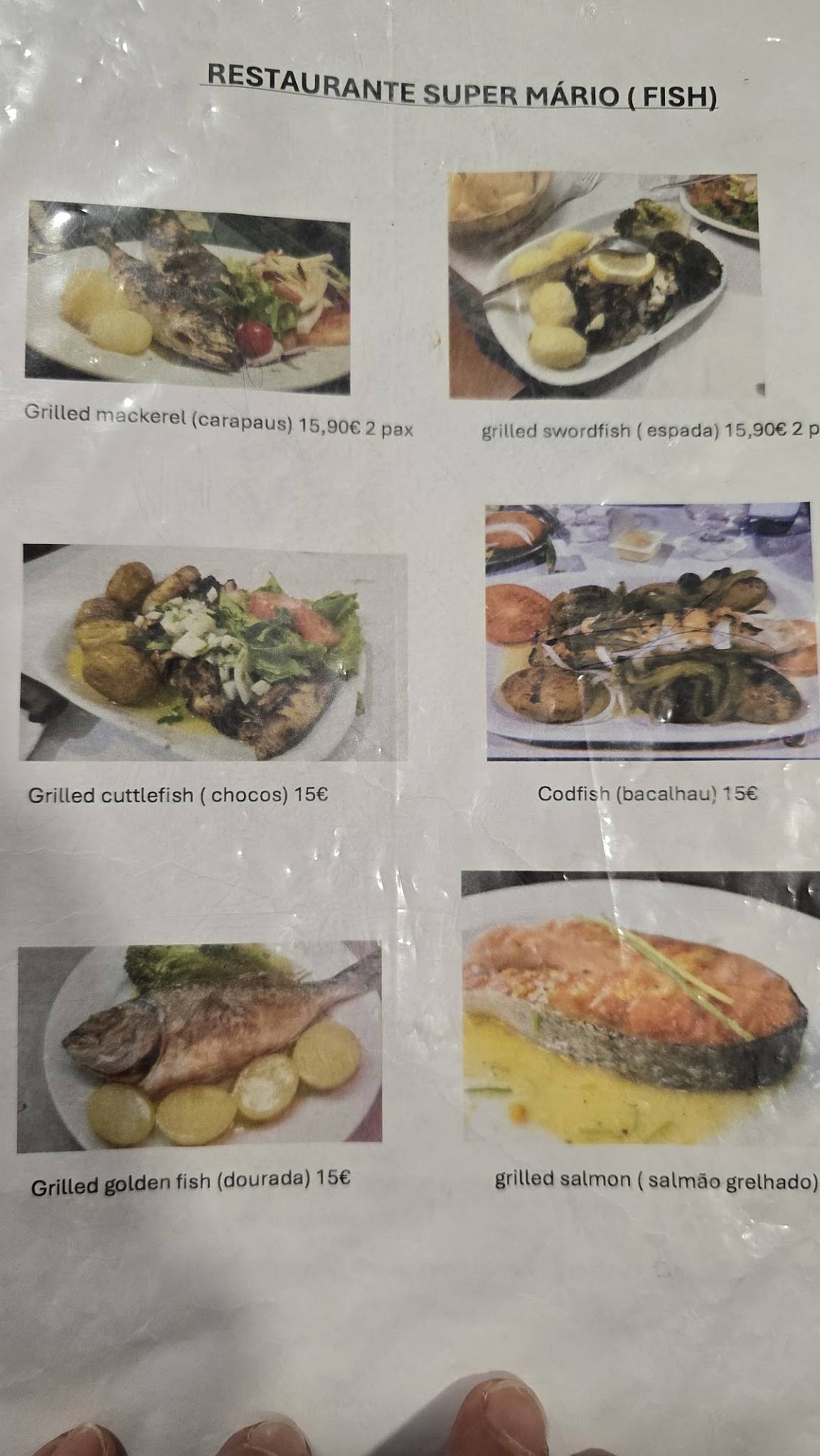 Carta del restaurante Super Mário, Lisboa