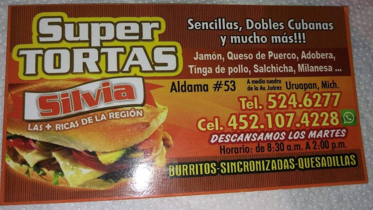 Carta del restaurante Super Tortas Silvia, Uruapan