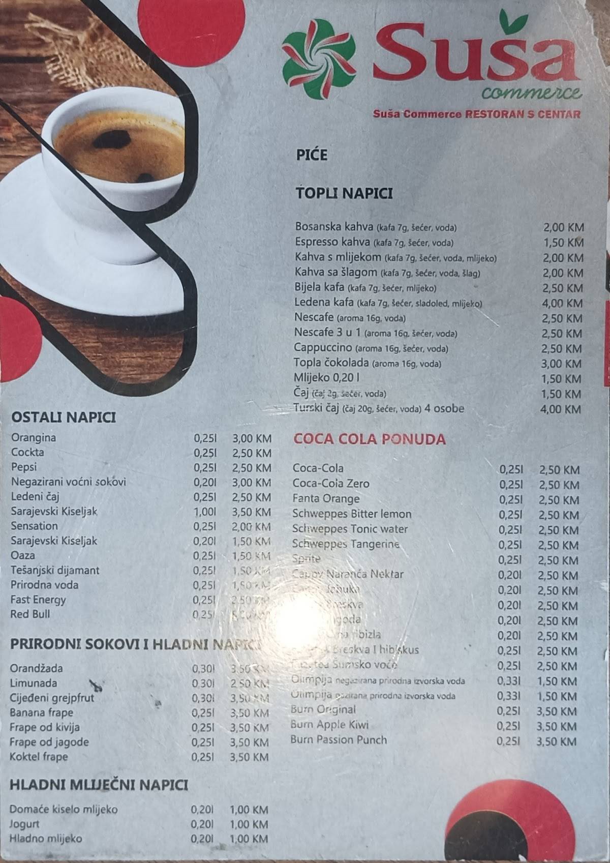 Menu at Suša Commerce restaurant, Visoko
