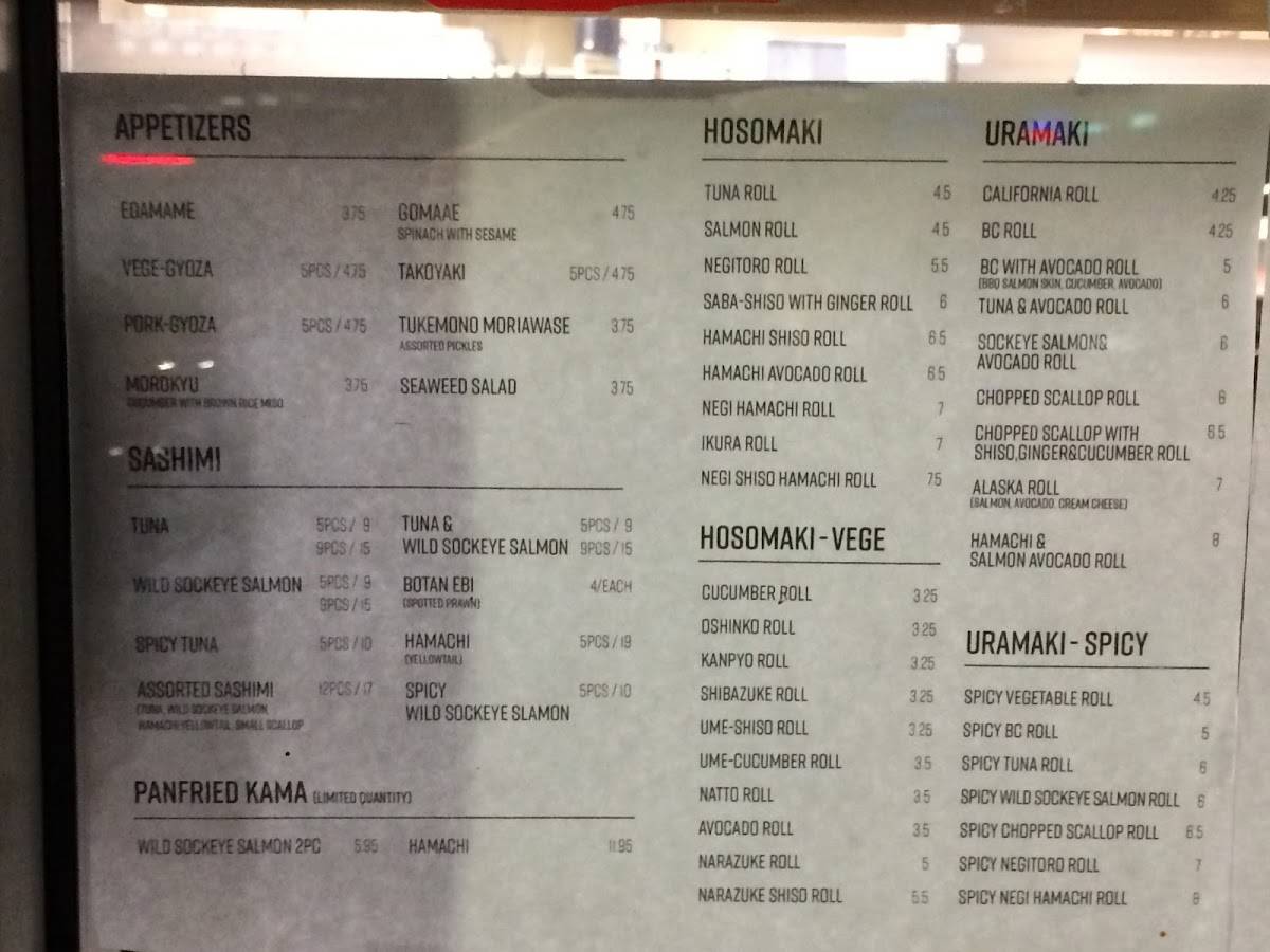 Menu at Sushi By Yuji restaurant, Vancouver
