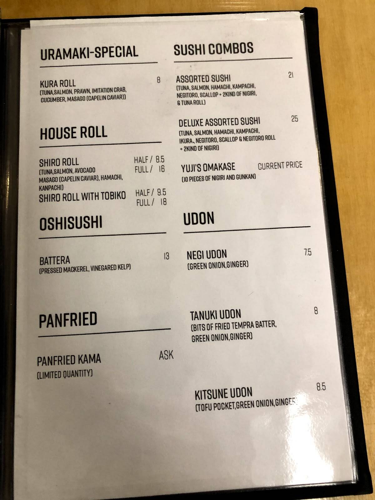 Menu at Sushi By Yuji restaurant, Vancouver
