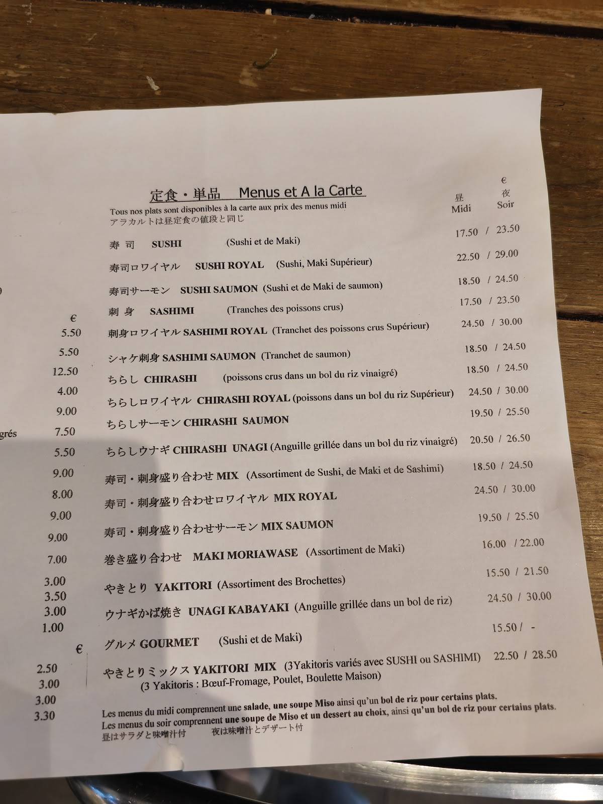 Menu au Sushi Gourmet restaurant, Paris, 1 Rue de l'Assomption