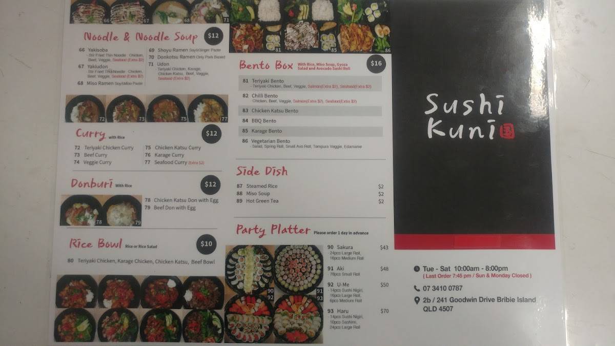 Menu at Sushi Kuni restaurant, Bellara
