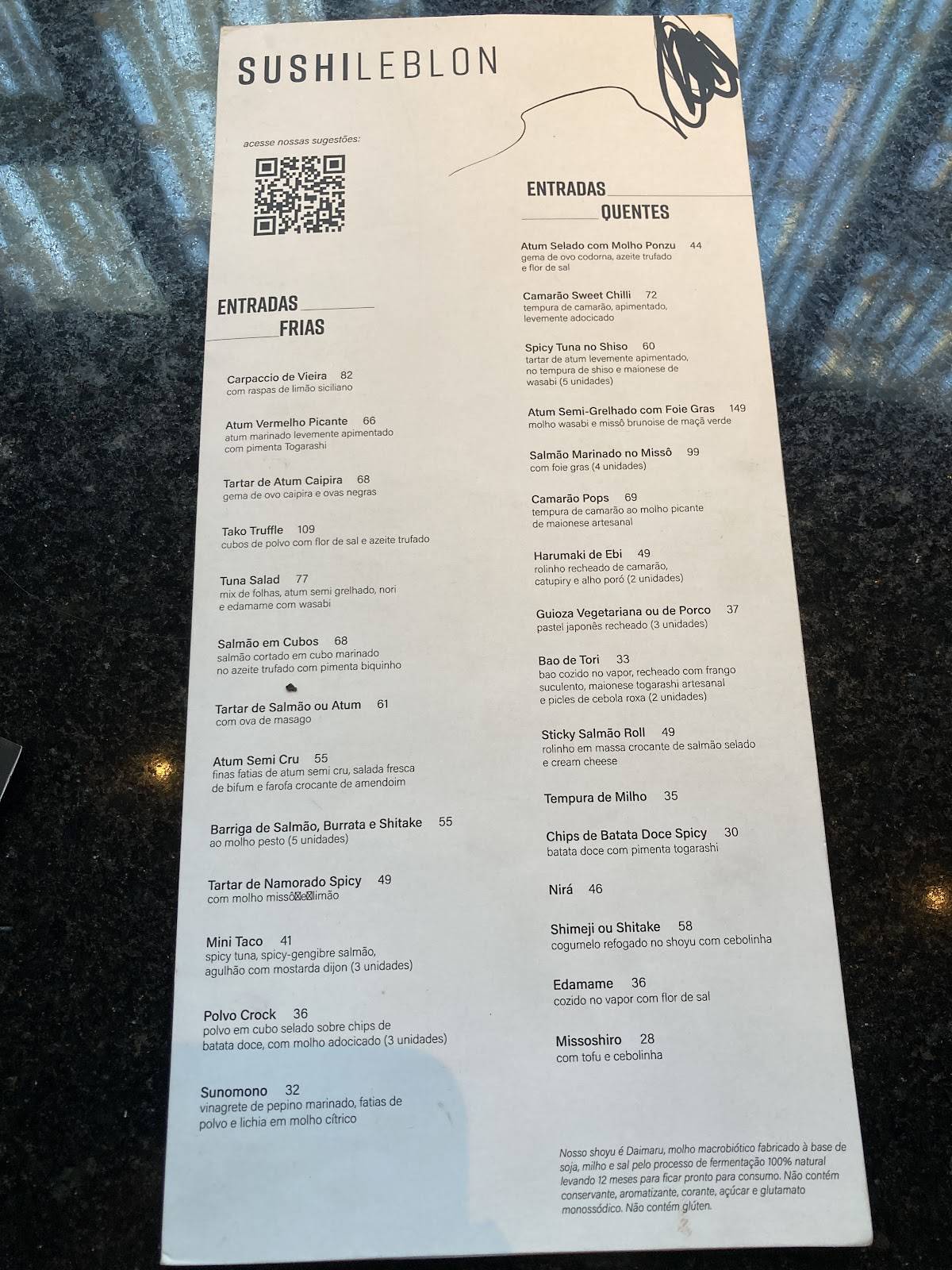 Menu at Sushi Leblon restaurant, Rio de Janeiro