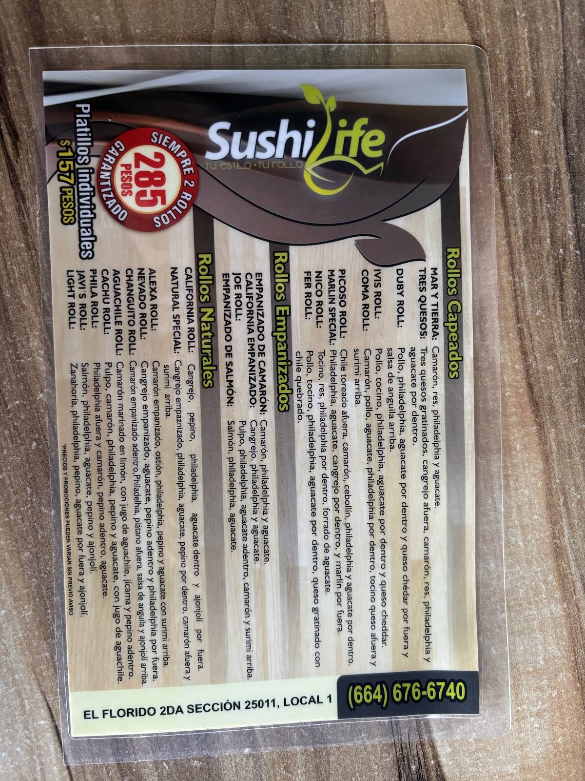 Menu at Sushi Life El Florido restaurant, Tijuana