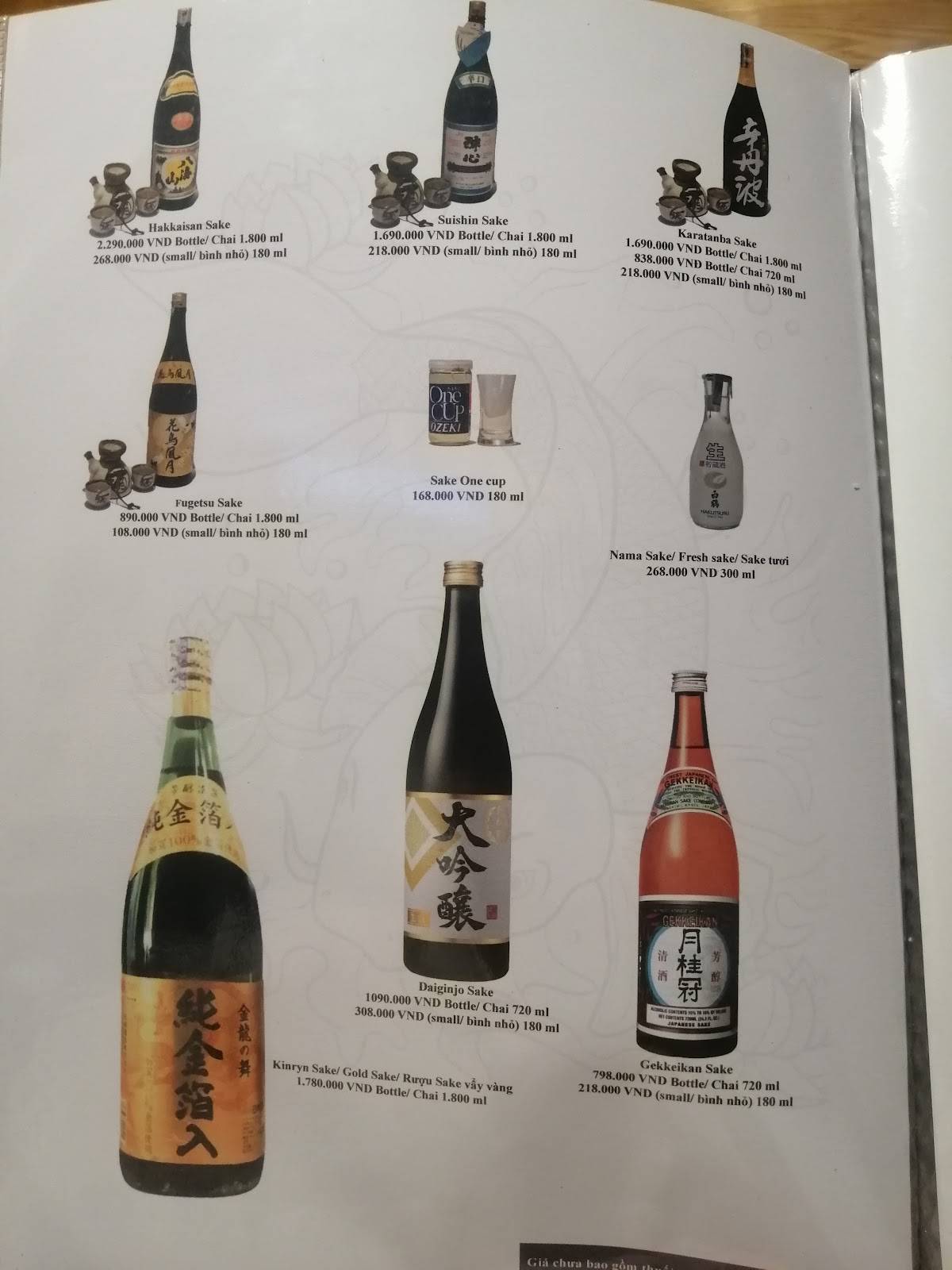 Menu at Sushi Sun restaurant, Ho Chi Minh City