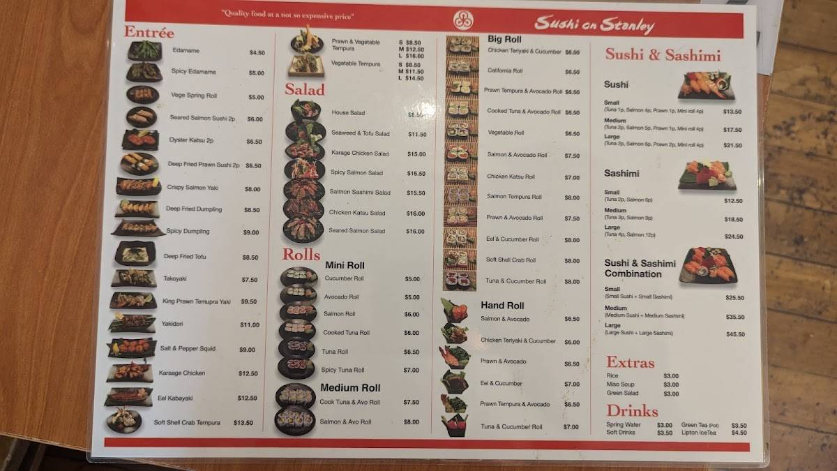 Menu at Sushi on Stanley restaurant, Darlinghurst