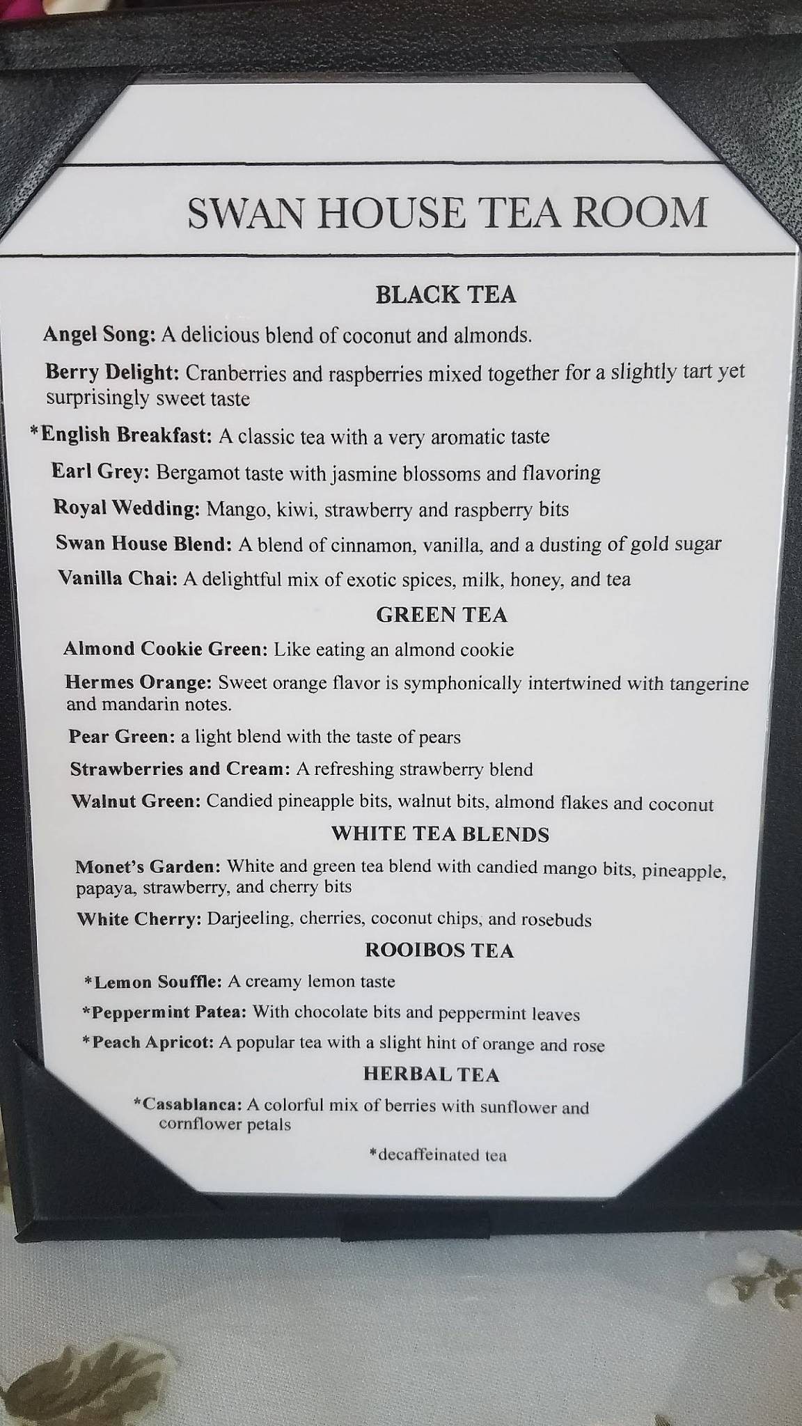 Menu at Swan House Tea Room restaurant, Findlay