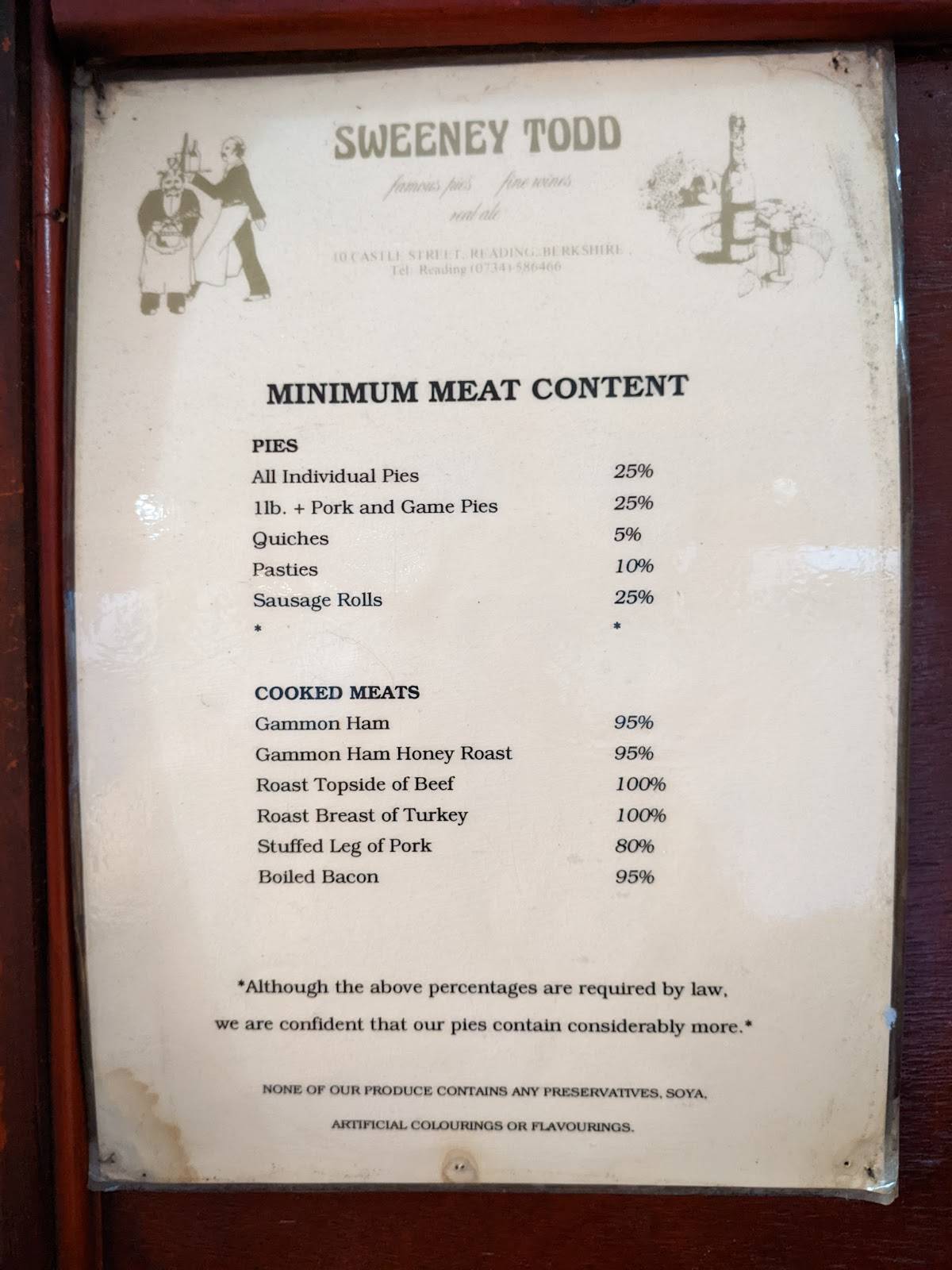 Menu at Sweeney & Todd restaurant, Reading