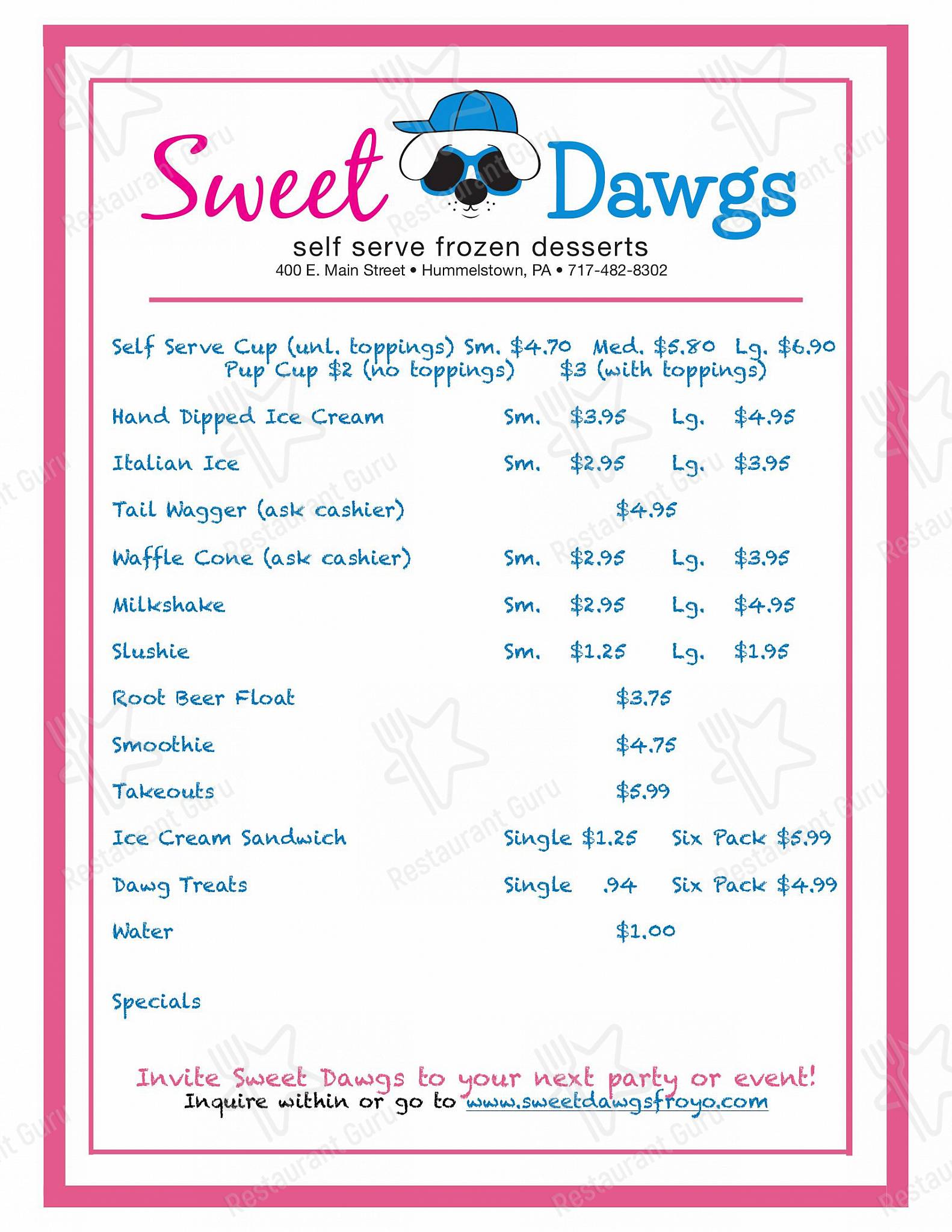 Menu at Sweet Dawgs pub & bar, Hummelstown