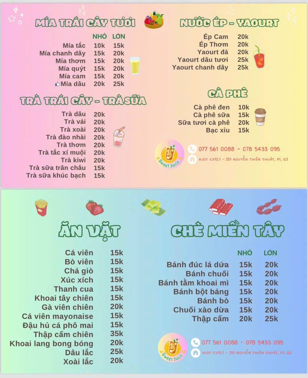 Menu at Sweet Juice - Trà trái cây - Trà sữa - Nước mía cafeteria, Ho ...