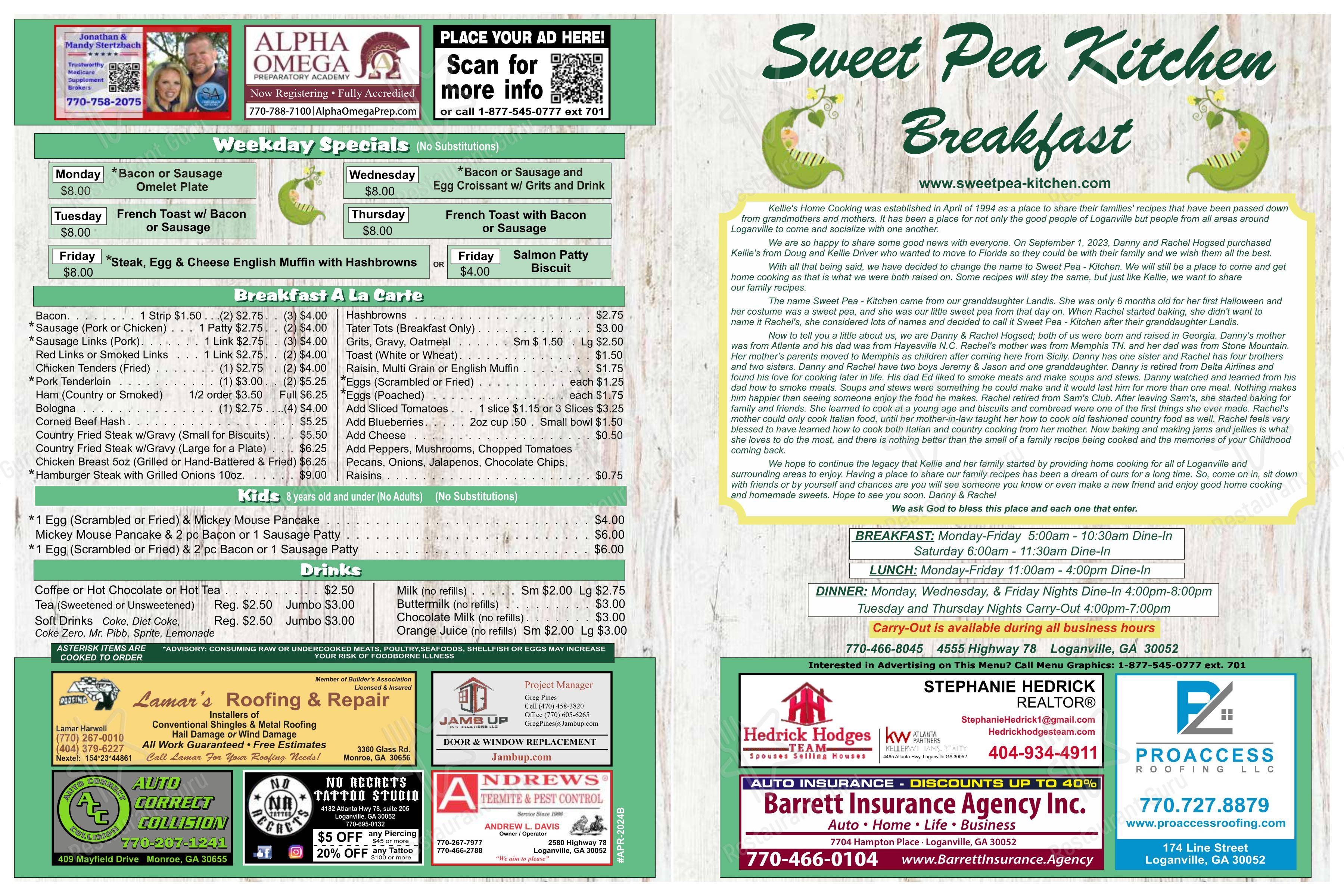 Menu at Sweet Pea Kitchen restaurant, Loganville