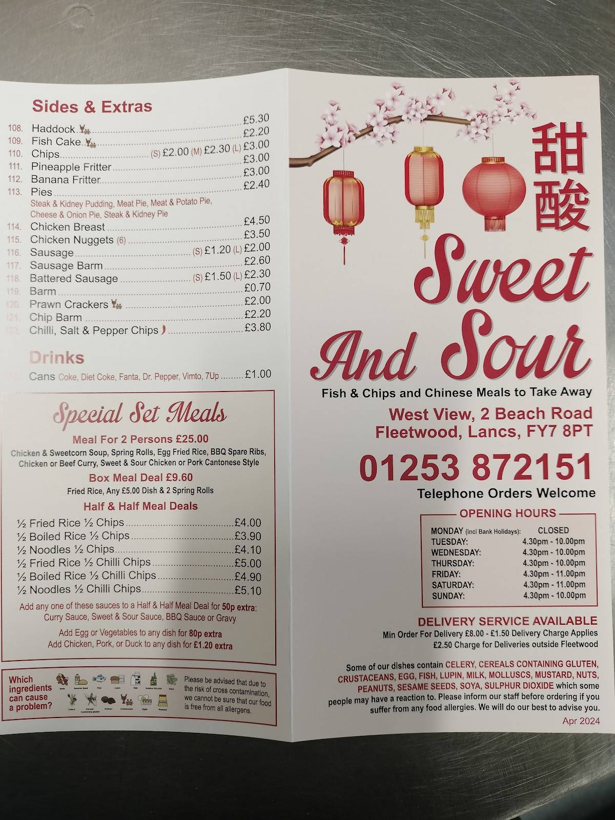 Menu at Sweet & Sour fast food, Fleetwood