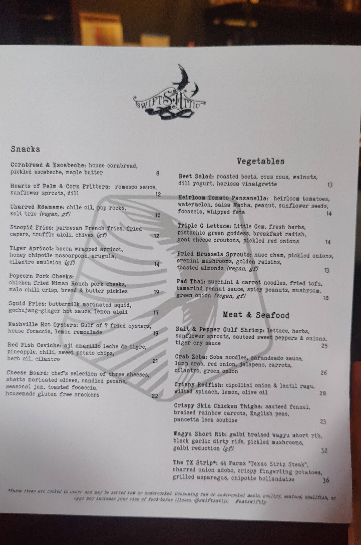 Menu at Swift's Attic pub & bar, Austin