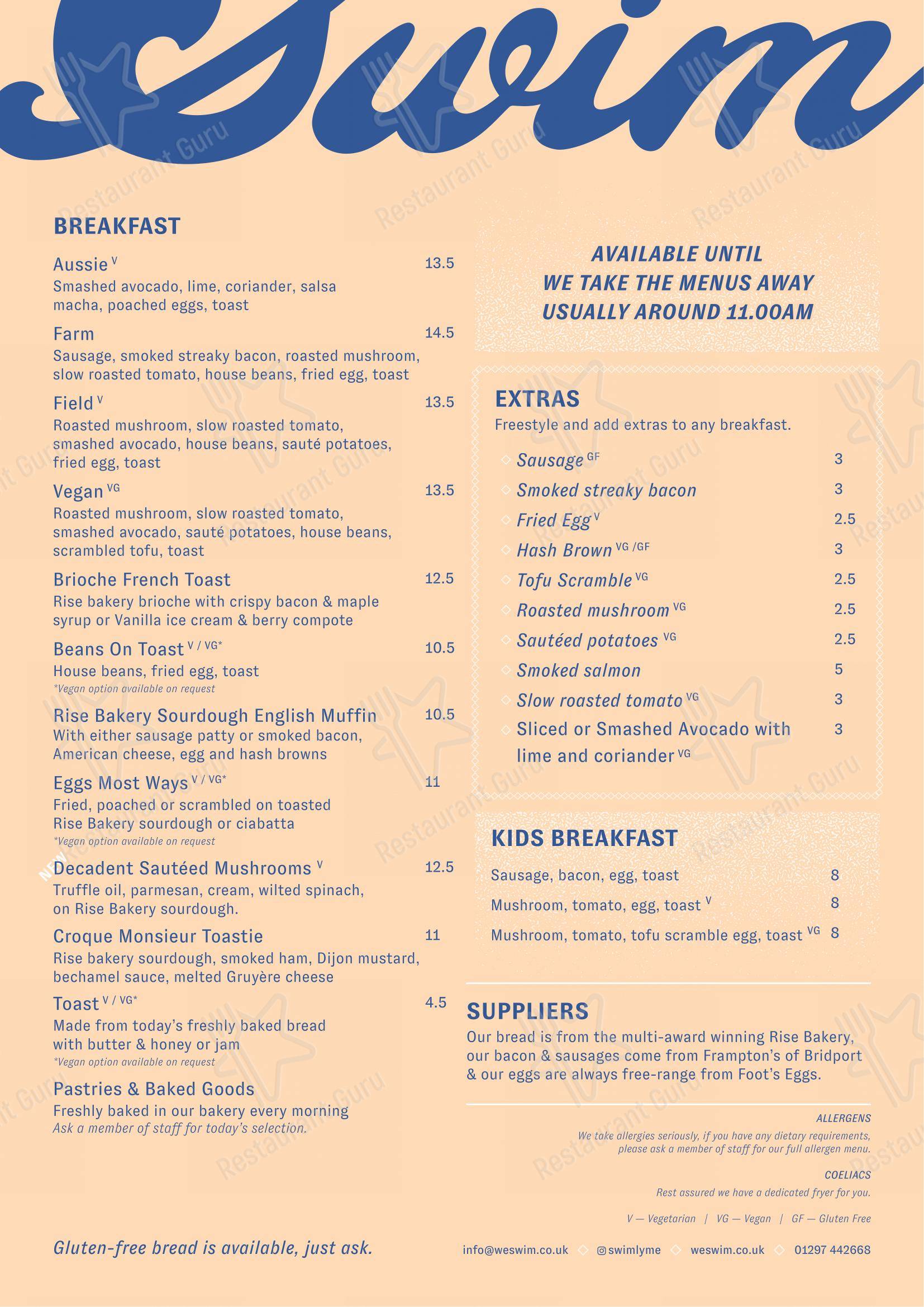 Menu at Swim restaurant, Lyme Regis