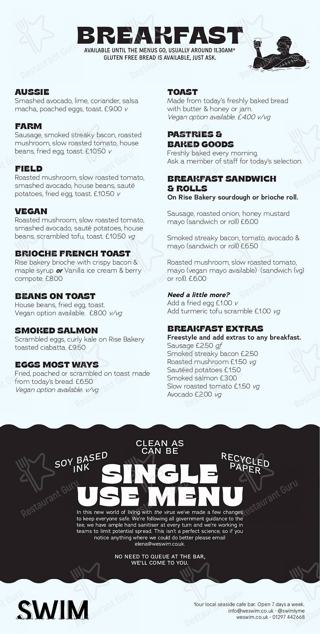 Menu at Swim restaurant, Lyme Regis