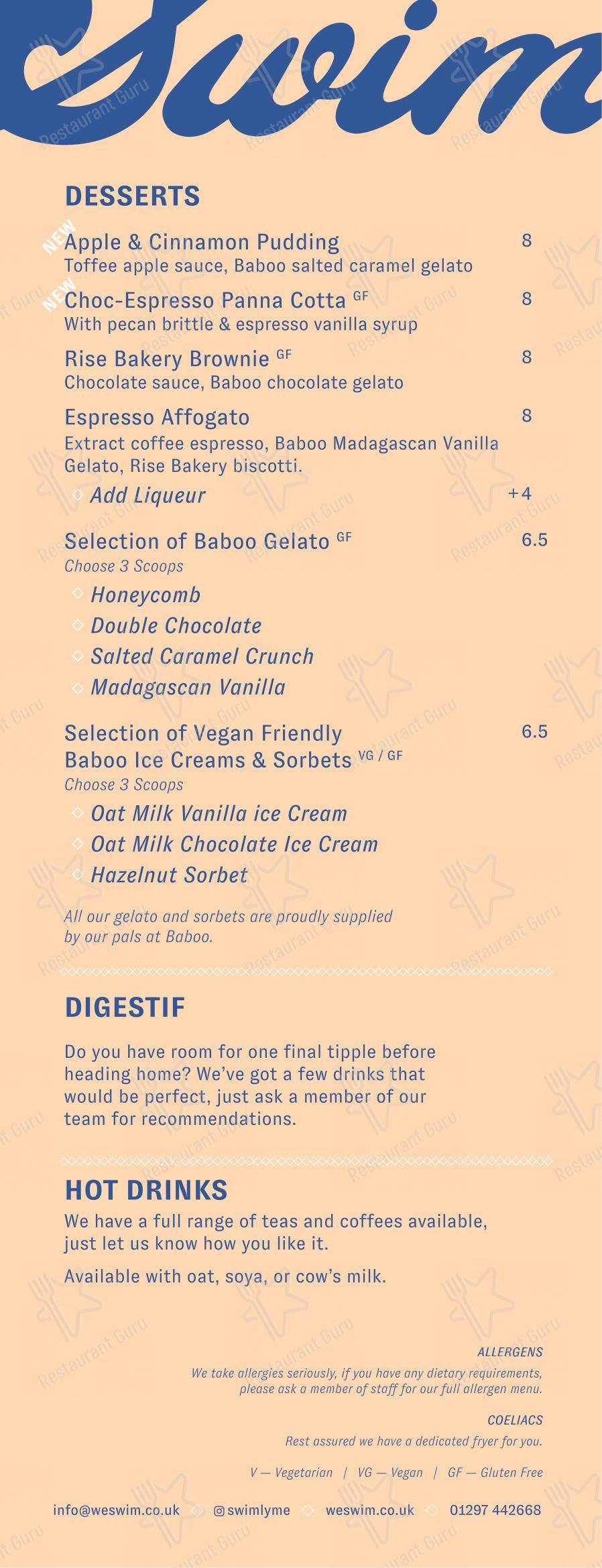 Menu at Swim restaurant, Lyme Regis