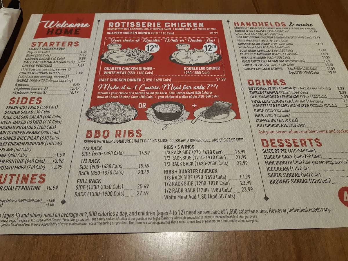 Menu au Swiss Chalet BBQ, Elliot Lake
