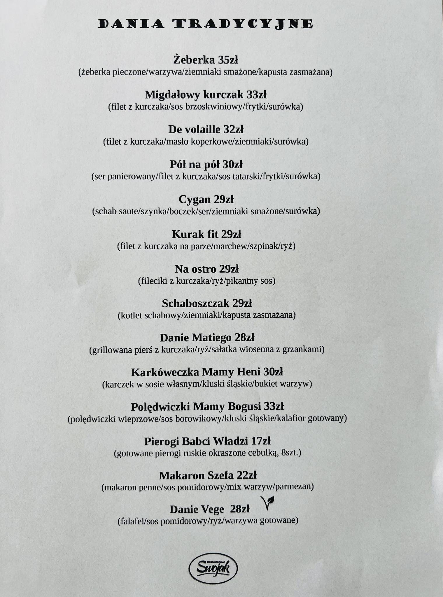 Menu at Swojak restaurant, Kamienna Góra