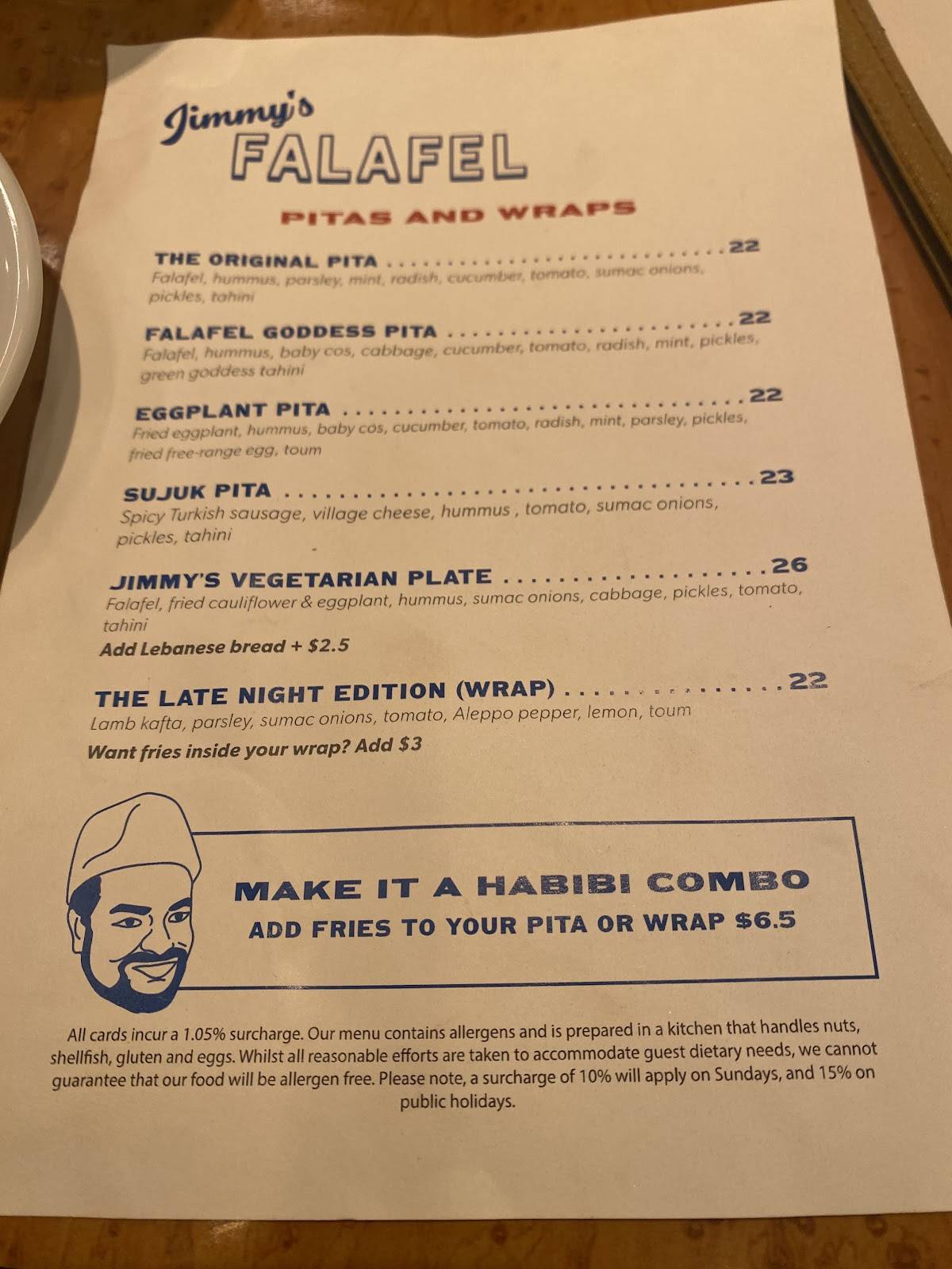 Menu at Jimmy’s Falafel restaurant, Sydney