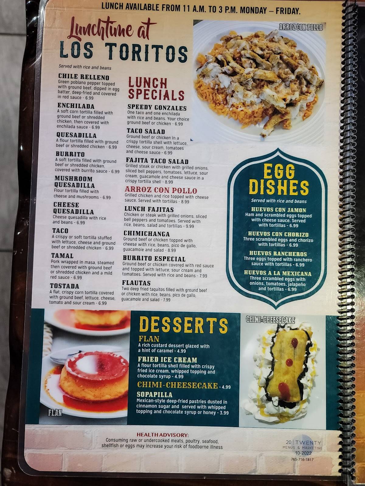Menu at Los Toritos restaurant, Syracuse