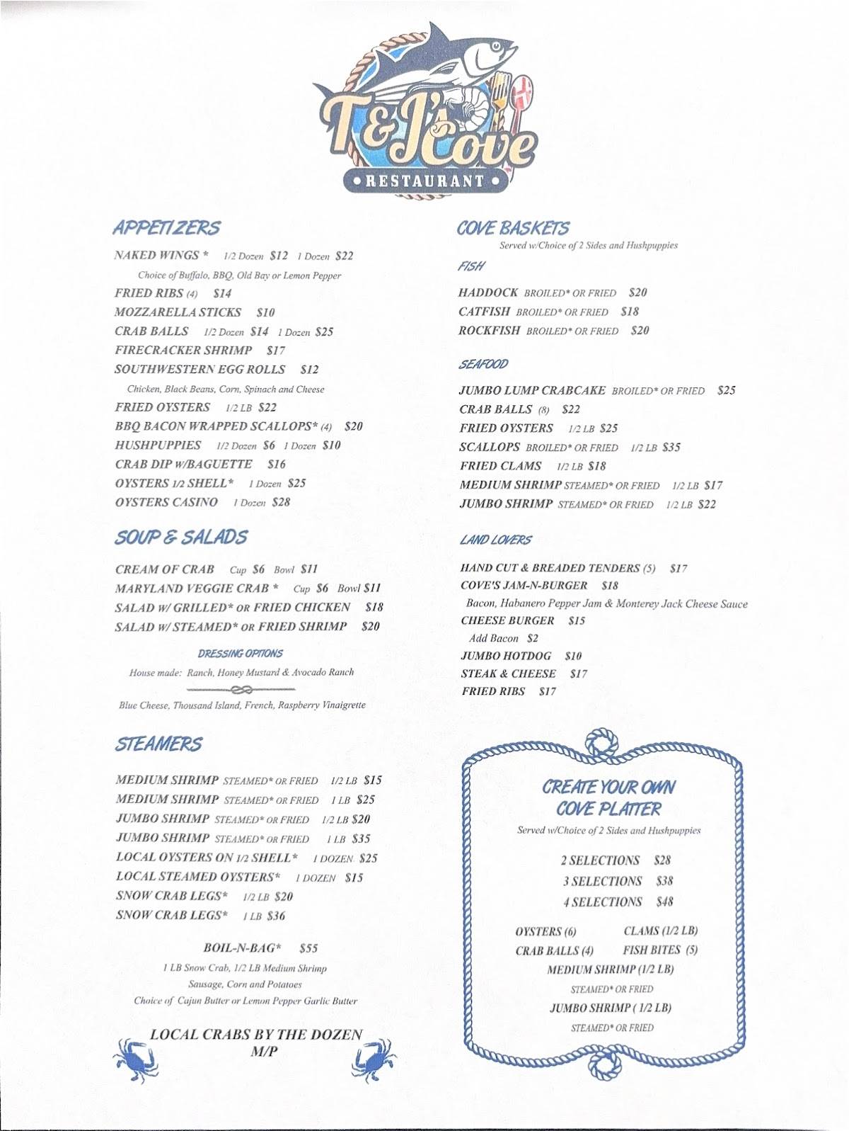 Menu at T&Js Cove restaurant, Leonardtown