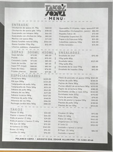 Carta del restaurante TAKOS TAKOS, Ciudad del México, Edgar Allan Poe 14A