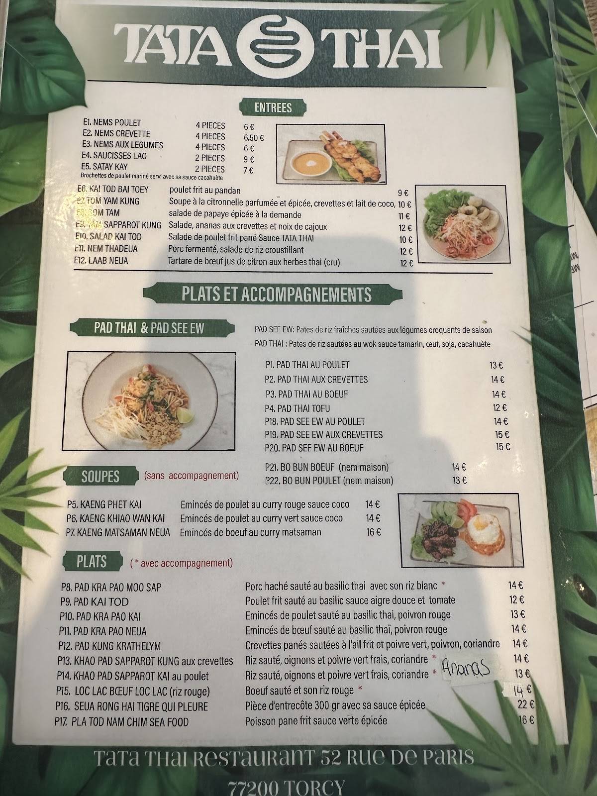 Menu au TATA THAI restaurant, Torcy