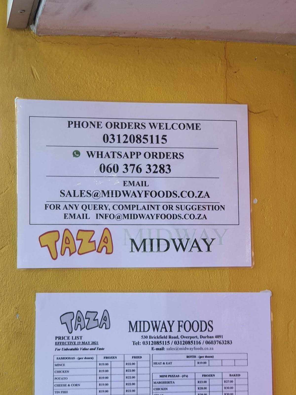 Menu at TAZA MIDWAY FOODS restaurant, Durban