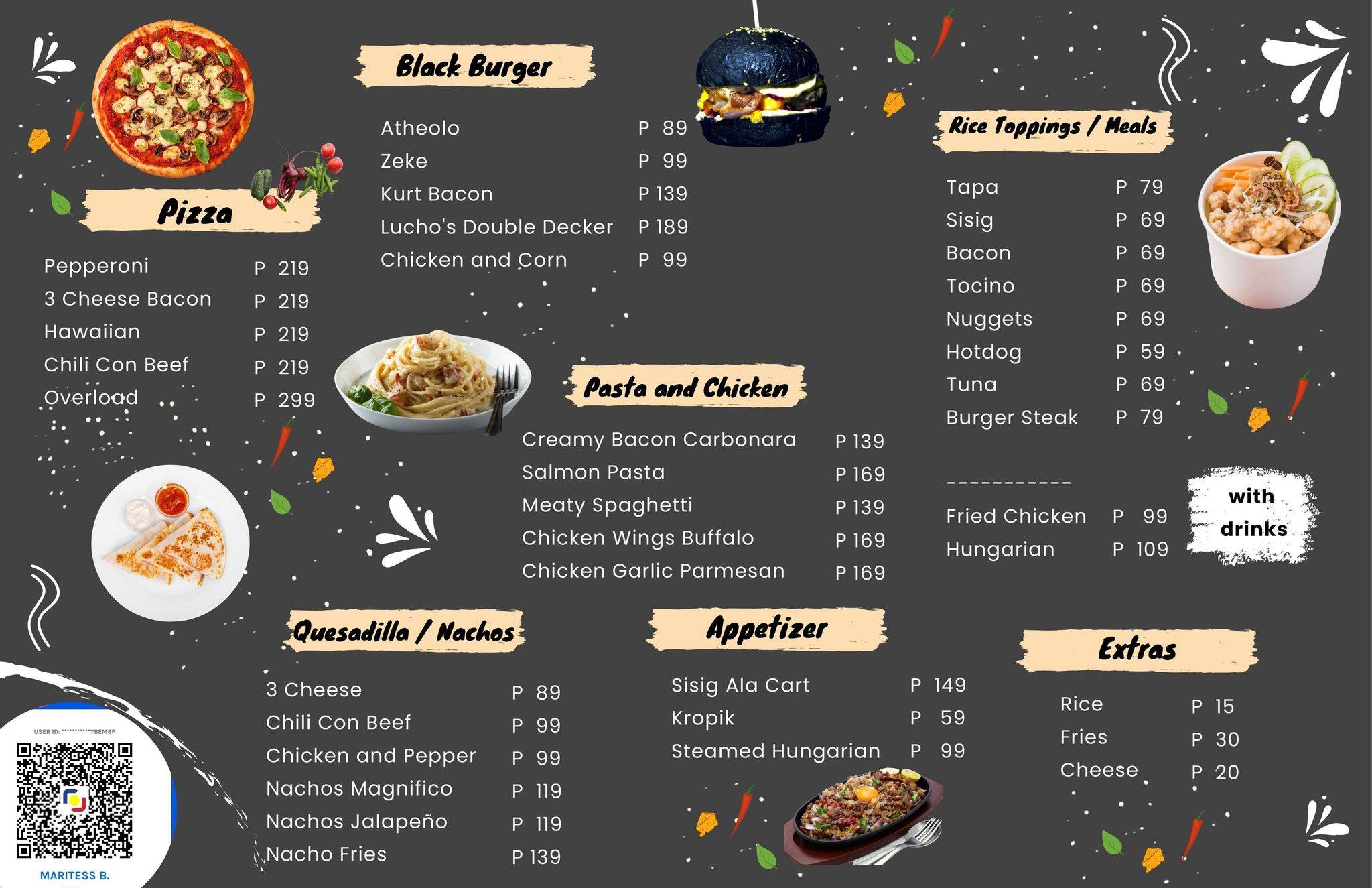 Menu at TAZA ONSE restaurant, Silay City