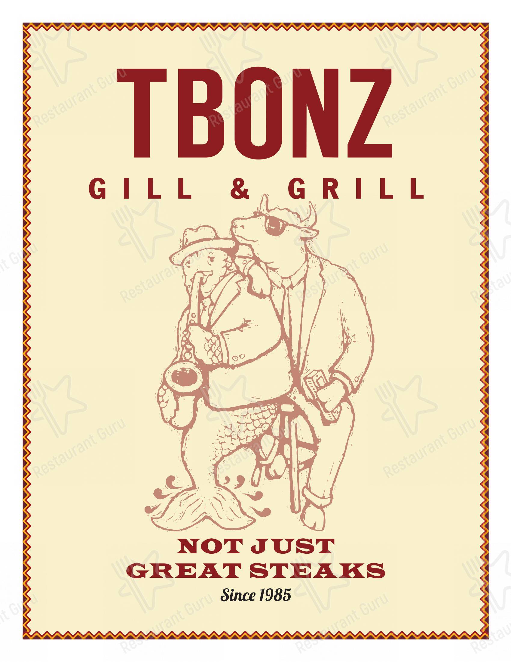 Menu at TBonz Gill & Grill steakhouse, Myrtle Beach, Seaboard St