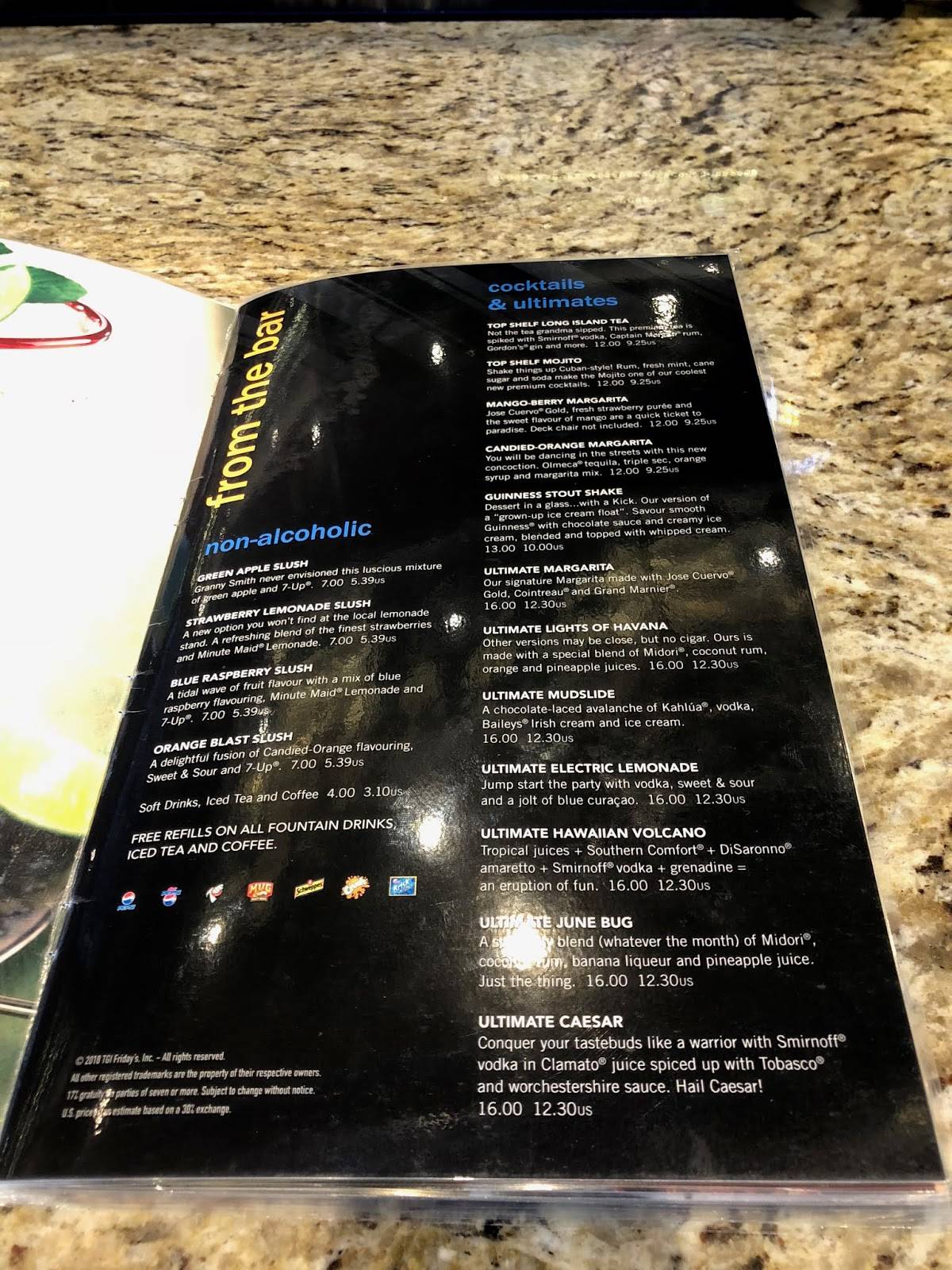 Menu at TGI Friday's fast food, Niagara Falls, 6700 Fallsview Blvd