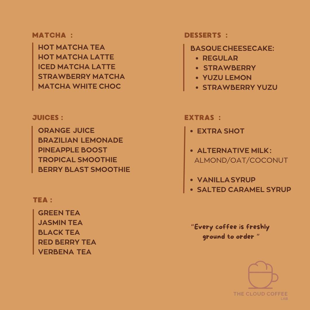 Menu au THE CLOUD COFFEE LAB pub et bar, Casablanca