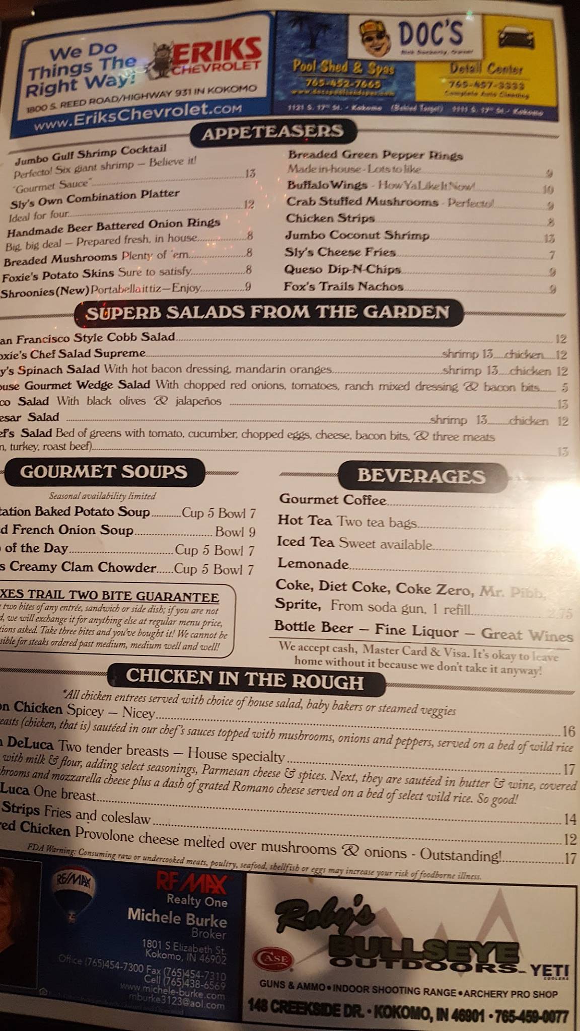 Menu at THE FOXES TRAILS pub & bar, Kokomo