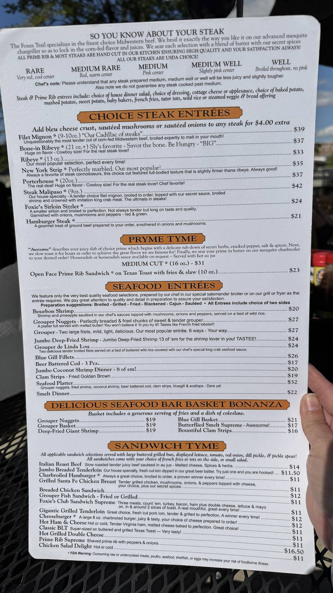 Menu at THE FOXES TRAILS pub & bar, Kokomo